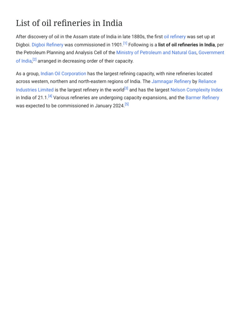 List of Oil Refineries in India - Wikipedia | PDF | Oil Refinery ...