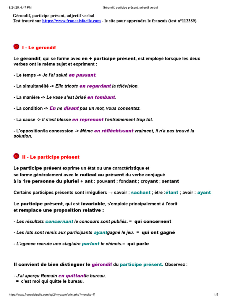 Exercices sur gérondif et participe présent | PDF | Verbe | Sémantique