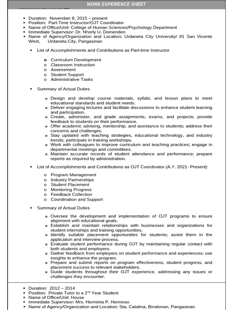 Work Experience Sheet for Instructor & OJT Coordinator | PDF