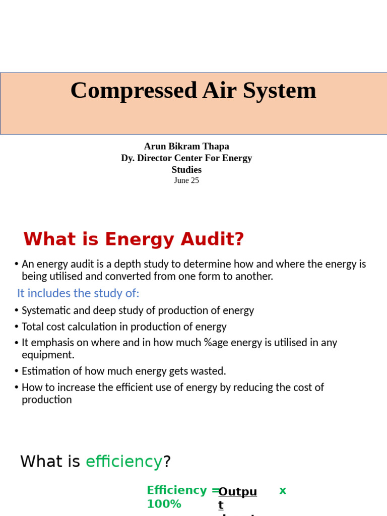 Compressed Air System Efficiency Audit | PDF | Engines | Energy Technology