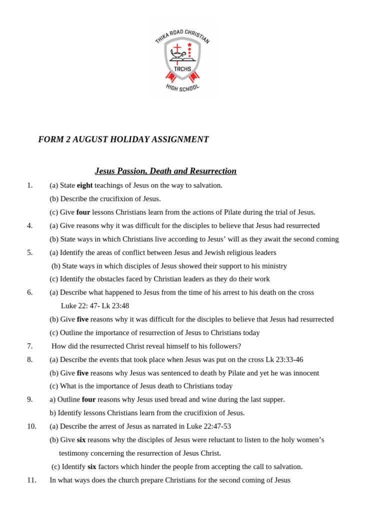 Form 2 Cre August Holiday Assignment | PDF