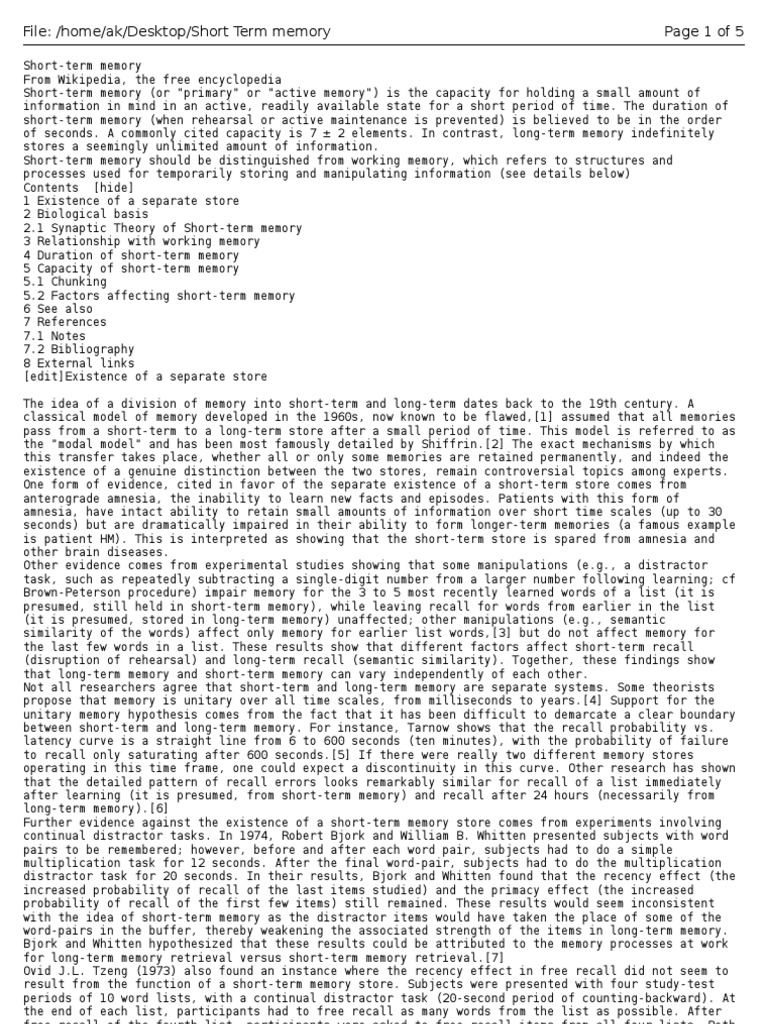 Short Term Memory | PDF | Memory | Recall (Memory)