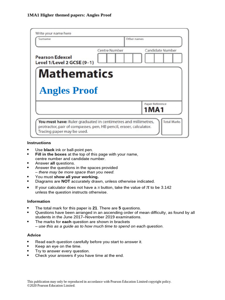 Angles Proof Exam Paper 1MA1 | PDF | Elementary Mathematics | Geometric ...