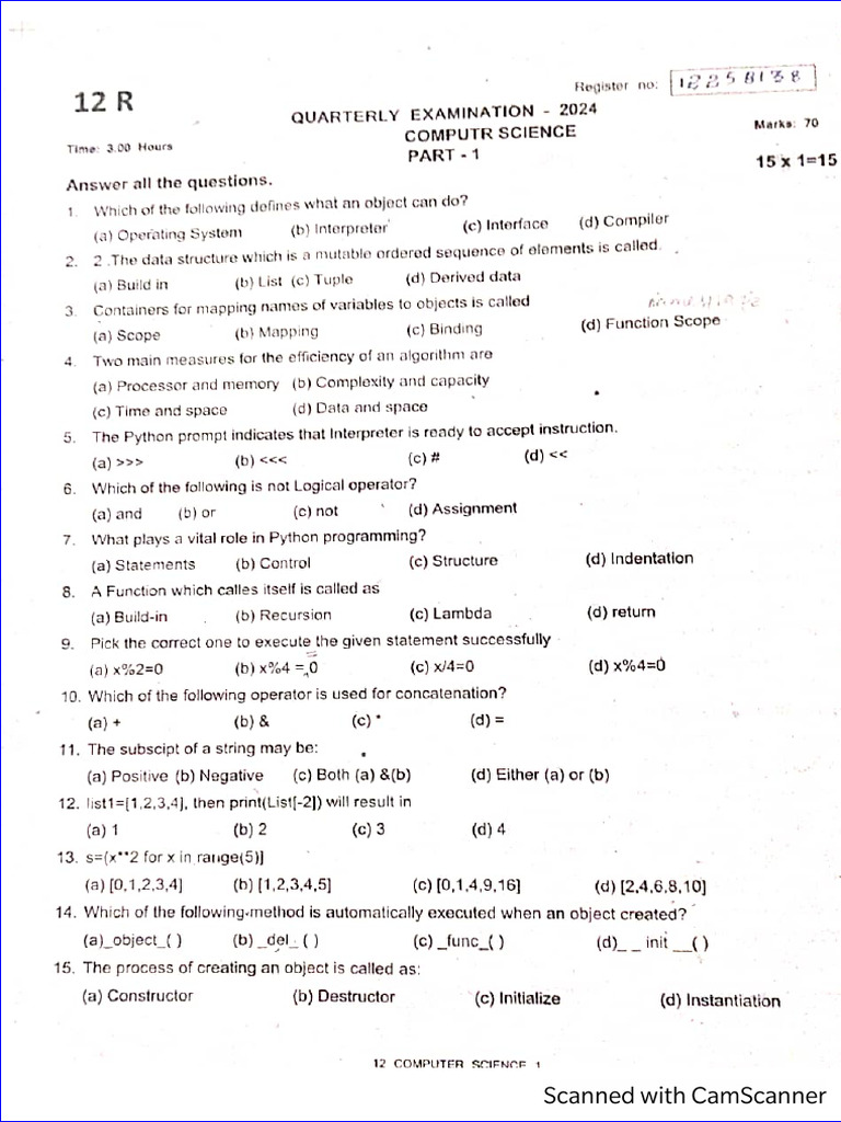 12th Computer Science EM Quarterly Exam 2024 Question Paper Erode ...