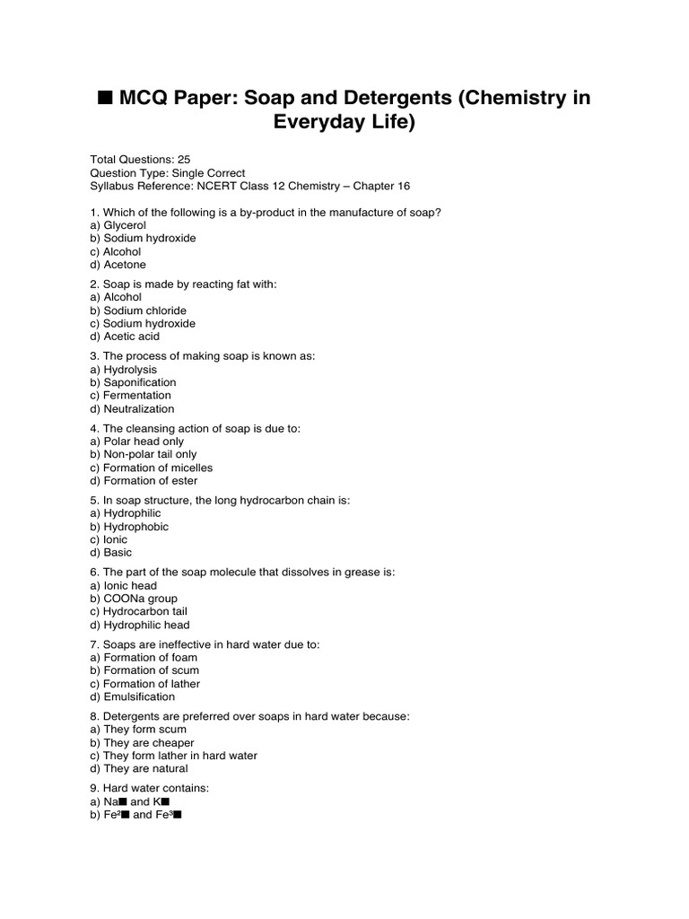 Soap and Detergents MCQ Paper | PDF | Detergent | Soap