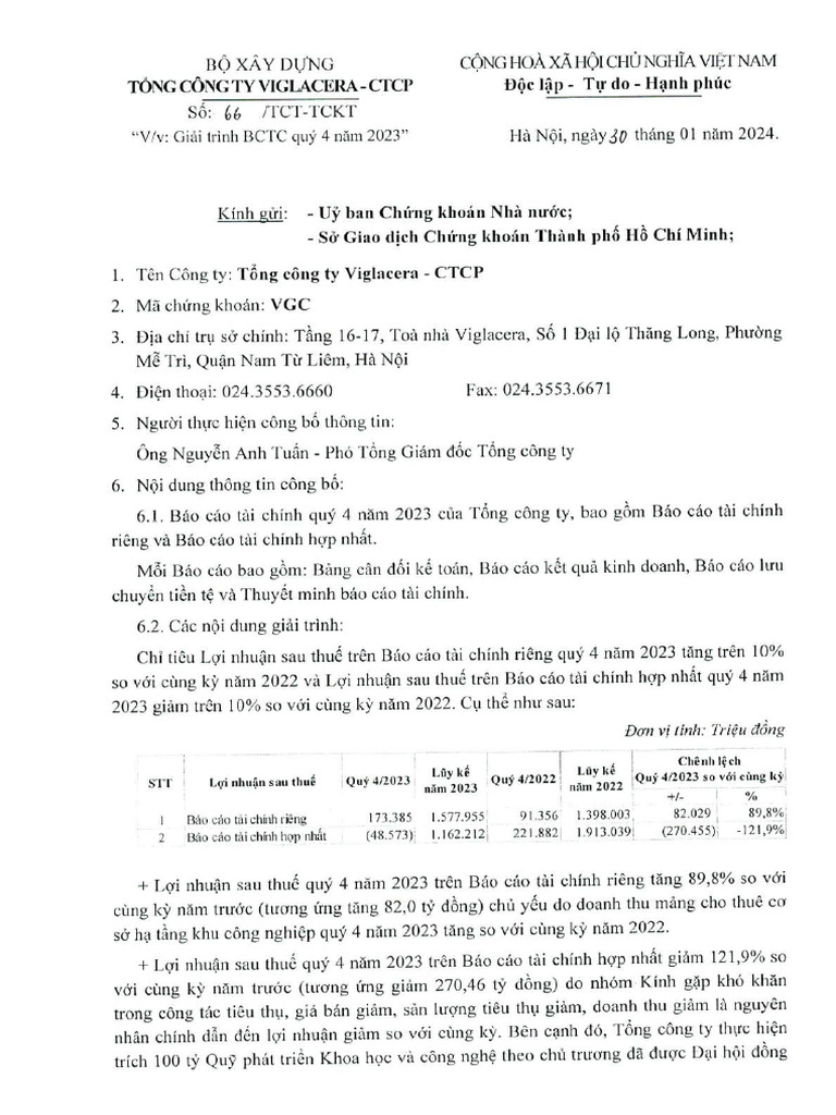 VGC - BCTC Hop Nhat Quy 4 Nam 2023 Va Giai Trinh | PDF