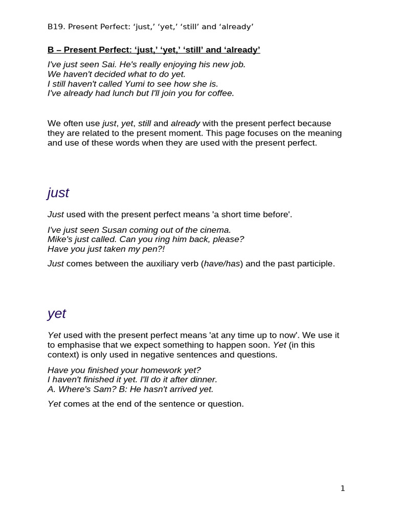 Present Perfect: Just, Yet, Still, Already | PDF | Perfect (Grammar ...