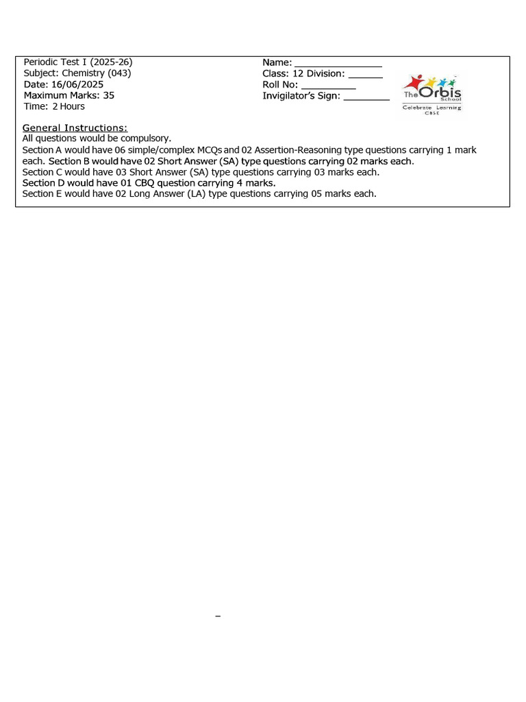 Class 12 PT1 Chemistry QP (SET 2) 2025 26 | PDF | Chemical Reactions | Applied And ...