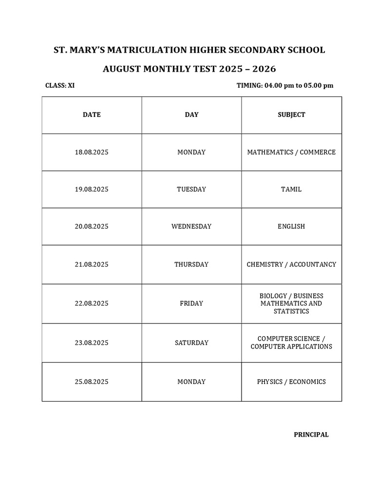 Xi - August Monthly Test Time Table 2025 | PDF