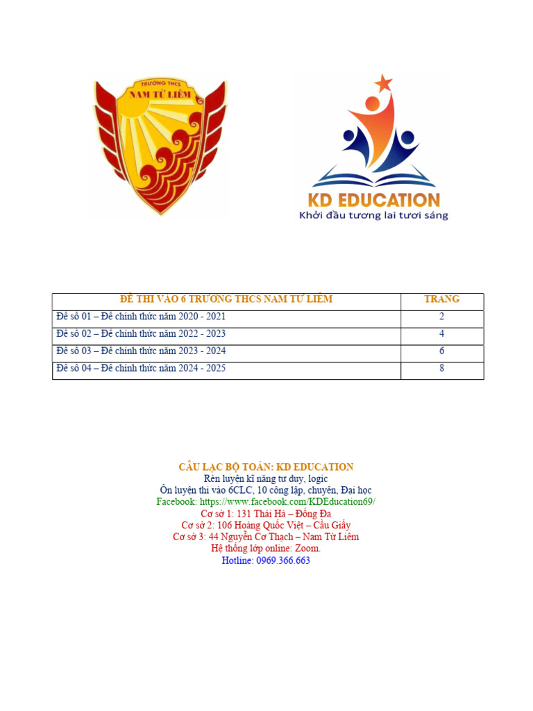BO DE ON THI VAO 6 TRUONG THCS NAM TU LIEM 2025.2026 | PDF