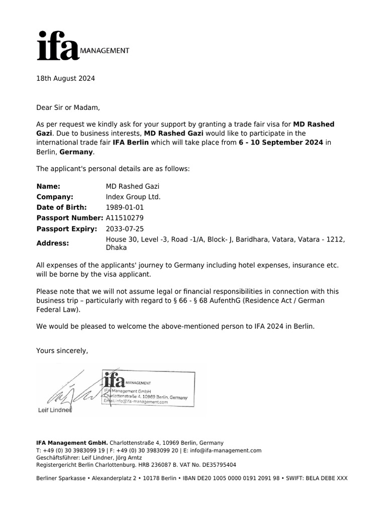 Visa Invitation MD Rashed | PDF