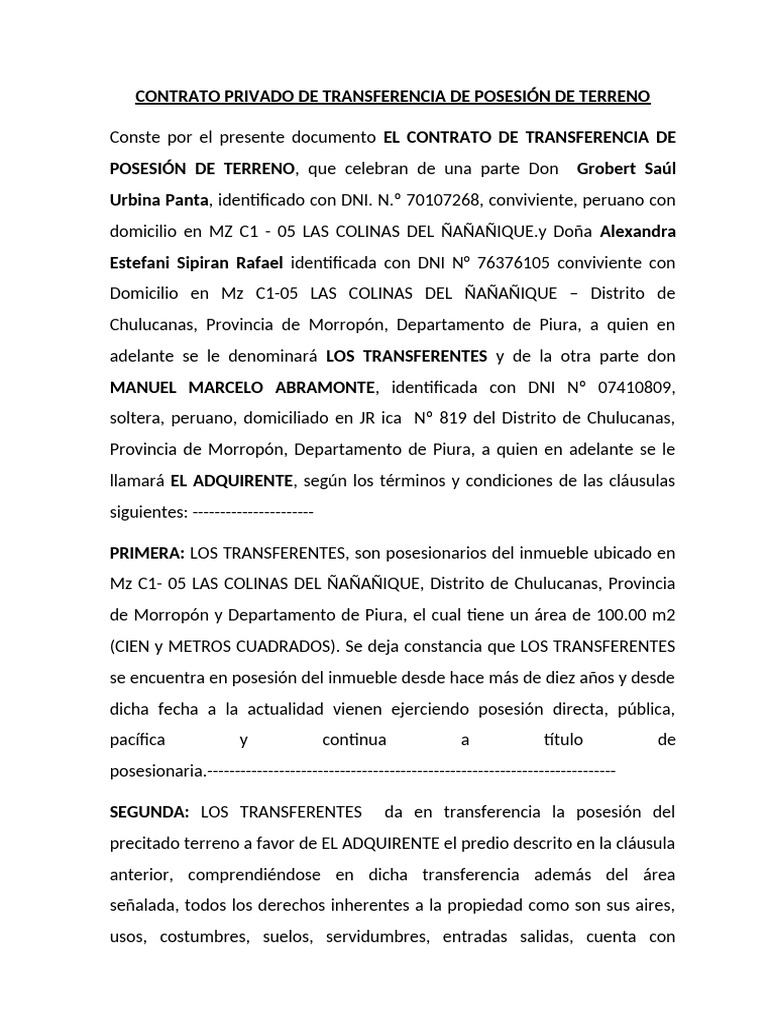 Contrato Privado de Transferencia de Posesión de Terreno Manuel Marcelo[1] | PDF | Justicia ...