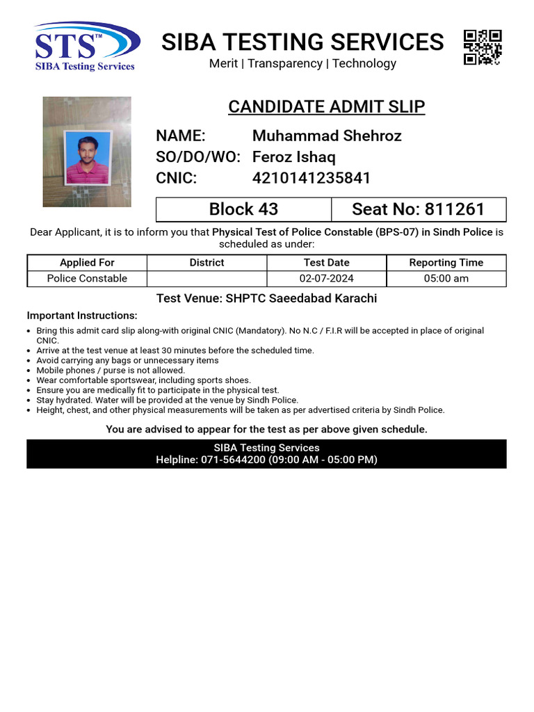 Siba Testing Services: Candidate Admit Slip | PDF