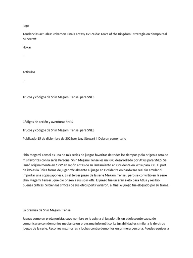 Shin Megami Tensei 2 Snes Trucos | PDF | Fantasía Final | Videojuegos