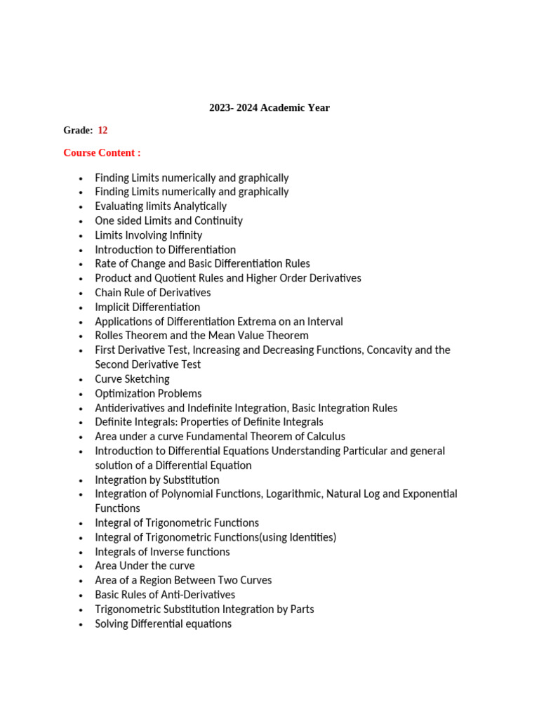 G12 Math: Calculus and Integration Topics | PDF