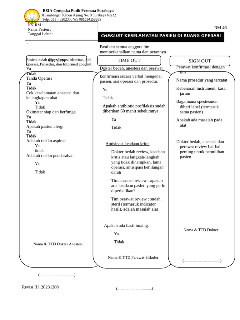 Checklist Keselamatan Pasien Di Ruang Operasi | PDF