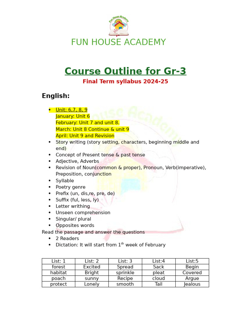 Grade 3 Final Term Syllabus 2024-25 | PDF | English Language | Plural