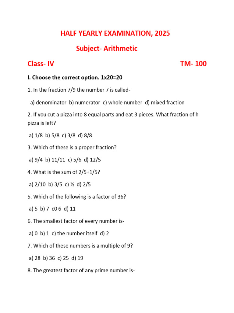 HALF YEARLY EXAMINATION arith class4 2025 | PDF | Prime Number | Numbers