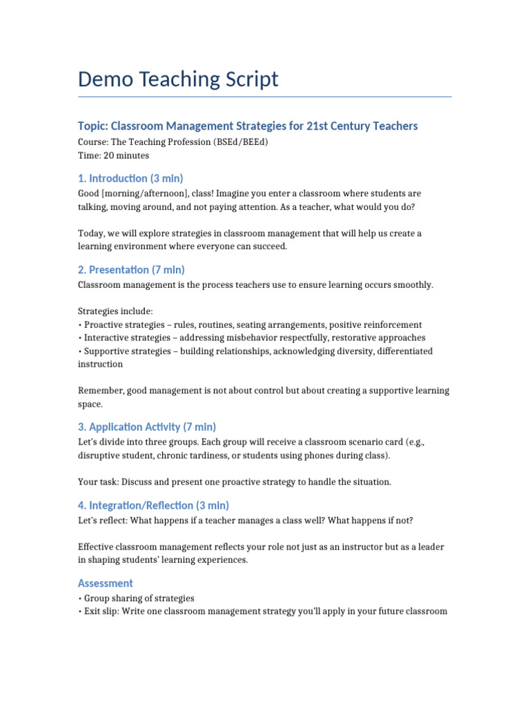 Demo Teaching Script BCC | PDF