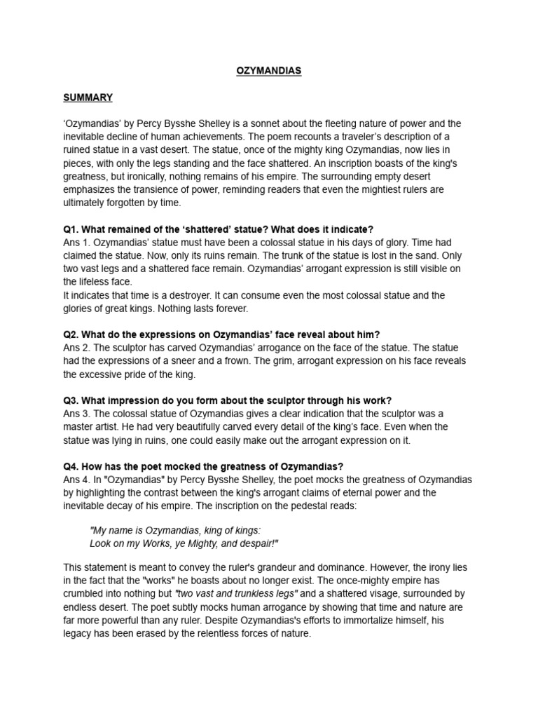 Ozymandias: Questions and Answers Guide | PDF | Stanzaic Form ...