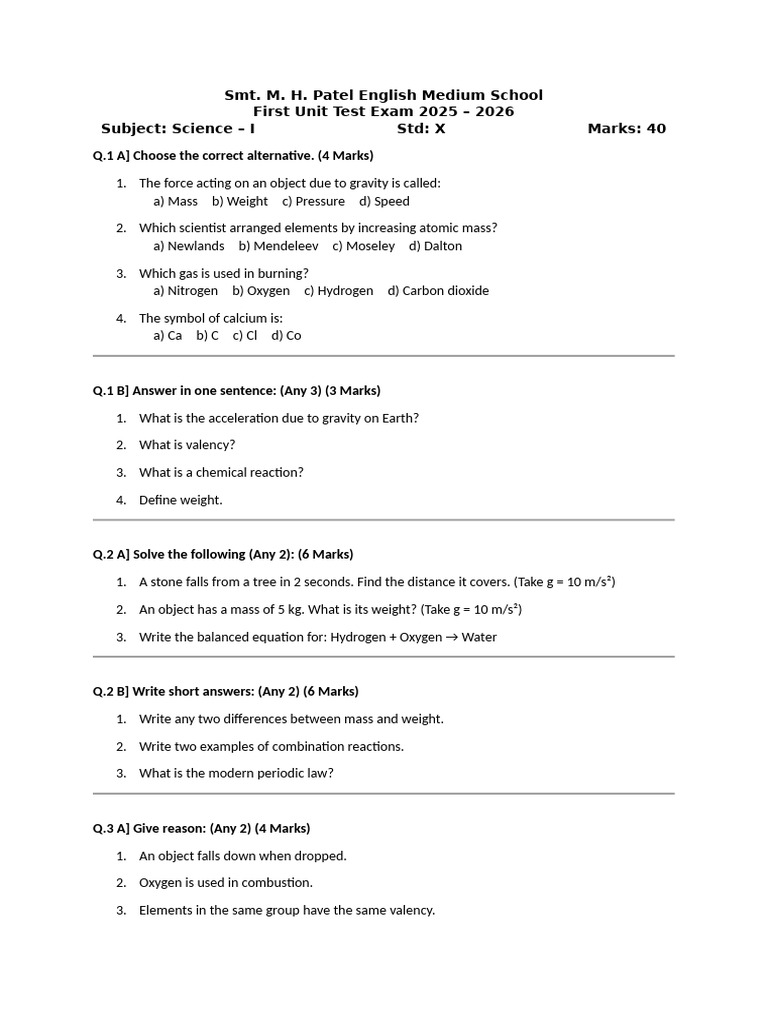 science 1 std 10 first unit test | PDF