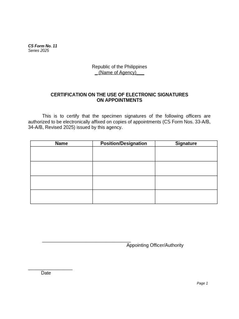 ANNEX R - CS Form No. 11 Series 2025 - Certification On E-Signature | PDF