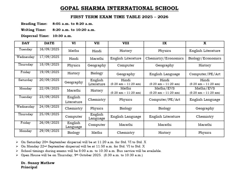 First Term Exam Timetable (Std. VI-X) | PDF