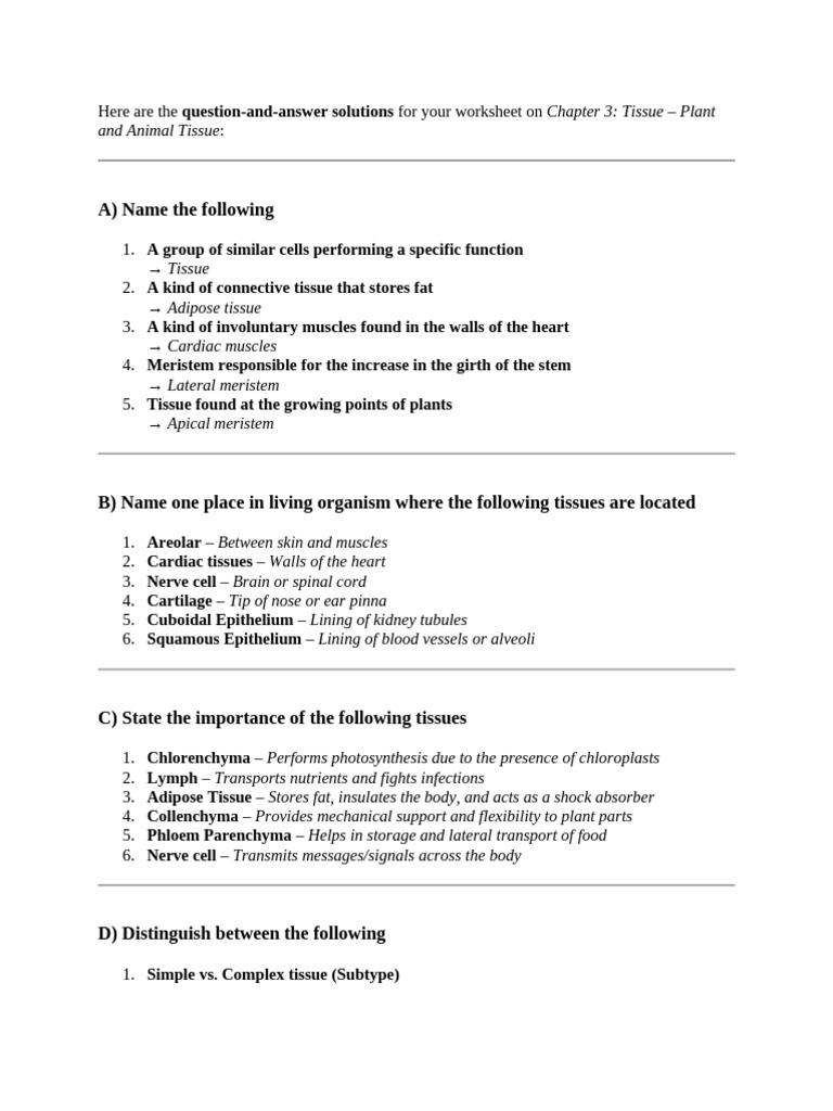 Tissues Class 9th worksheet Selina based | PDF | Tissue (Biology) | Muscle