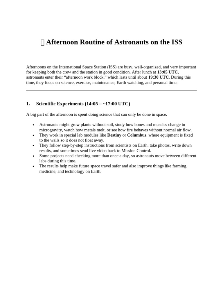 ISS Afternoon Routine for Astronauts | PDF | International Space ...