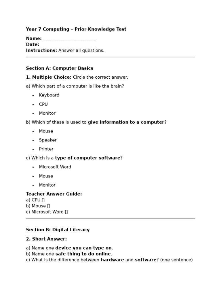 Year 7 Computing Knowledge Test | PDF