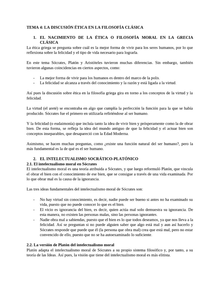 Tema 4 - La Discusión Ética en La Filosofía Clásica | PDF | Platón | Virtud