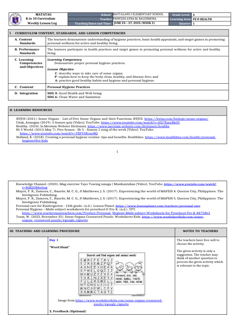 Grade 4 PE & Health Weekly Lesson Plan | PDF | Taste | Senses