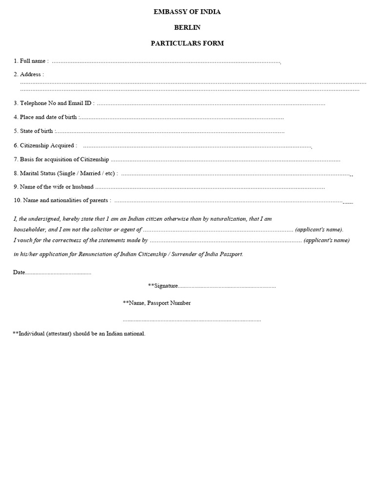 Indian Passport Surrender Declaration Form | PDF | Nationality Law ...