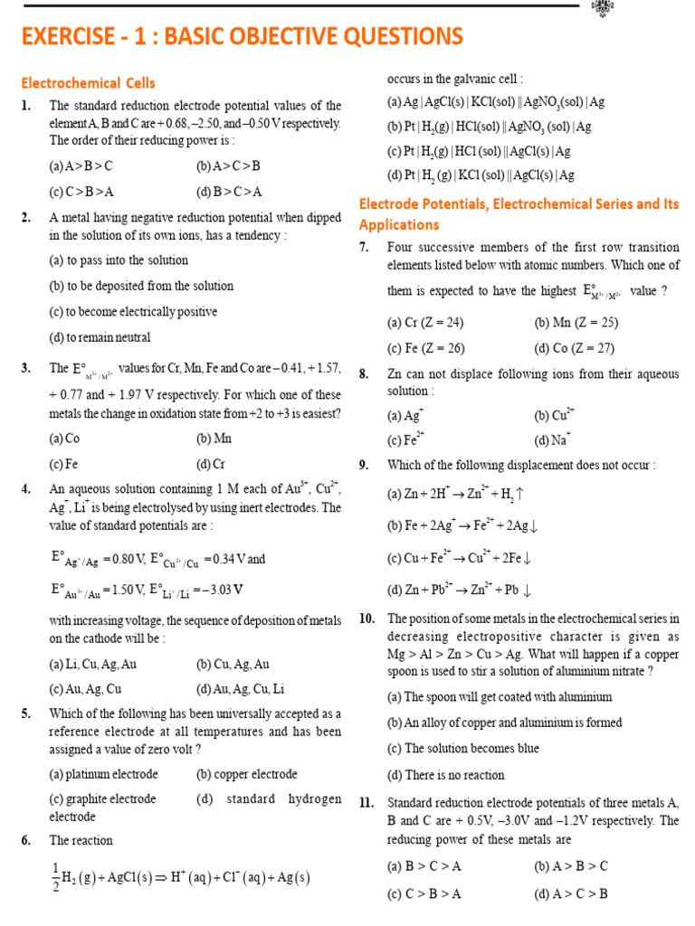 Electrochemistry Topicwise Questions Vedantu | PDF | Electrochemistry ...