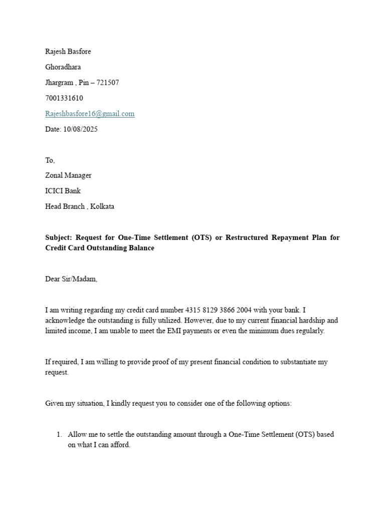 EMI vs Pre EMI: OTS Request Letter | PDF