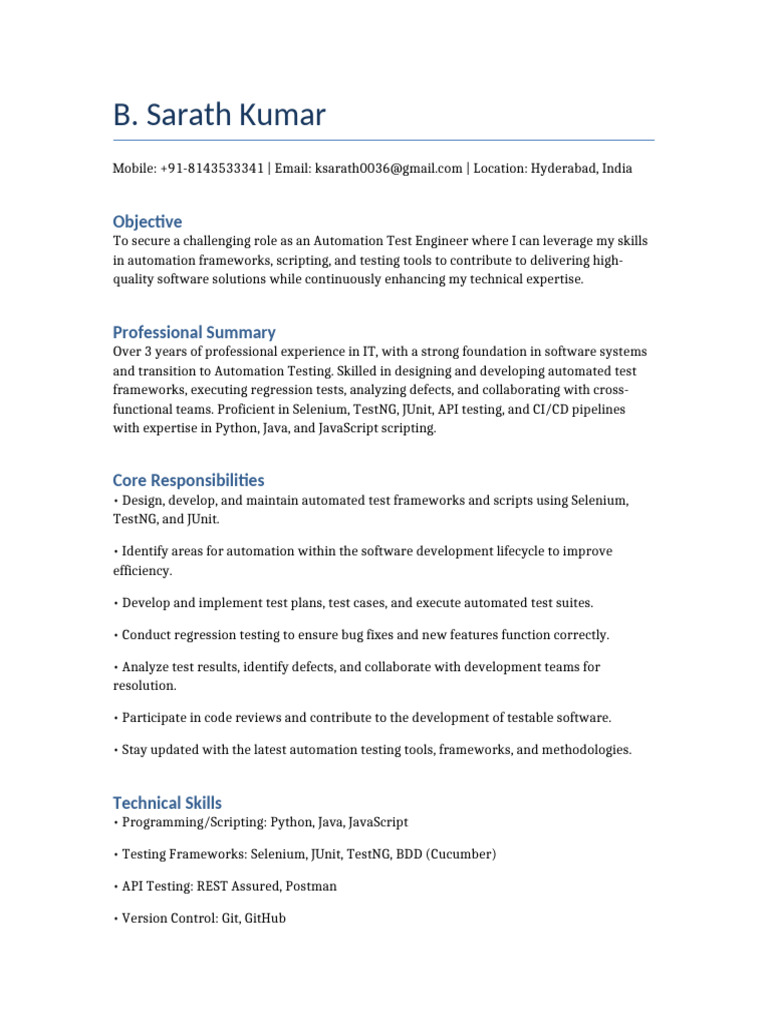 Automation Testing Resume Sarath-27 | PDF | Software Testing | Selenium ...