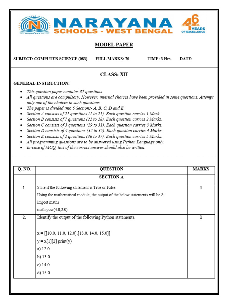 00.00.2025 Half Yealrly Xii Comp Sc. QP Model QP | PDF | Parameter ...
