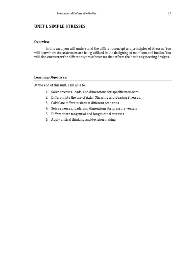 Mech 314 Unit 1 Pdf Stress Mechanics Strength Of Materials