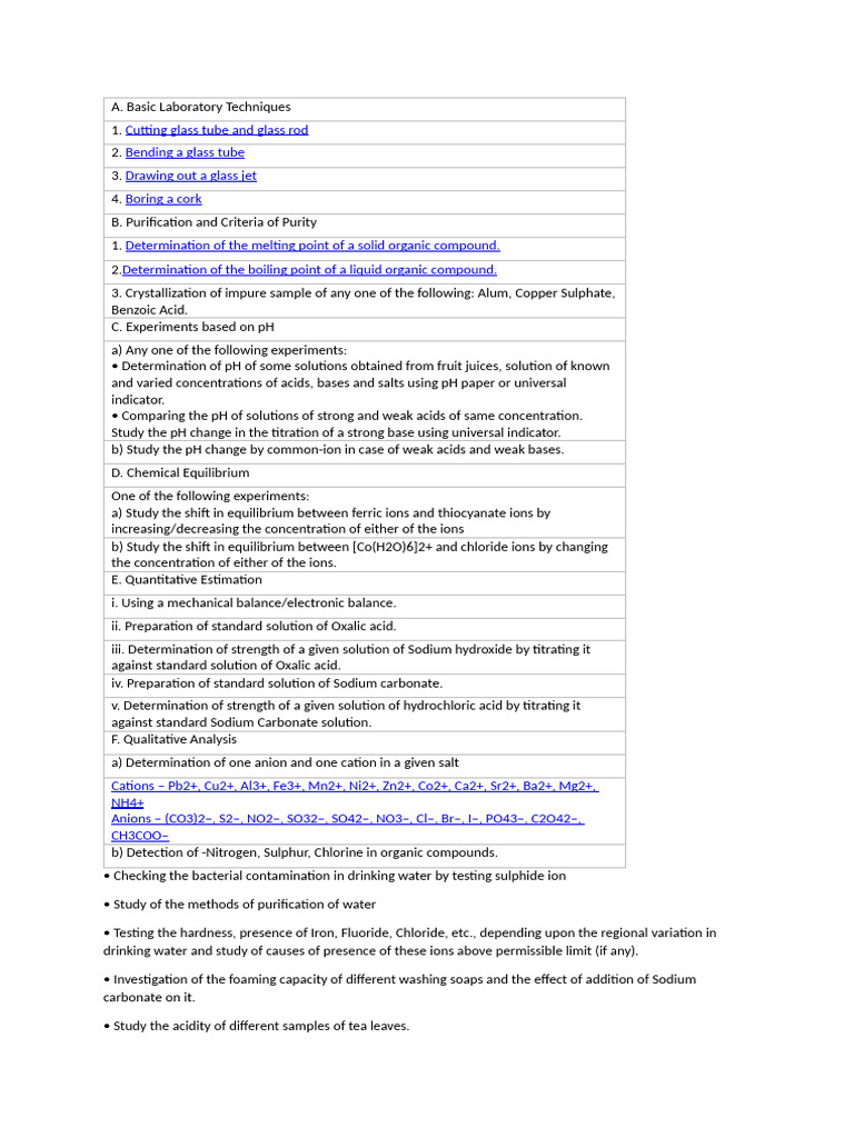List of Class 11 Experiments | PDF | Acid | Leaf