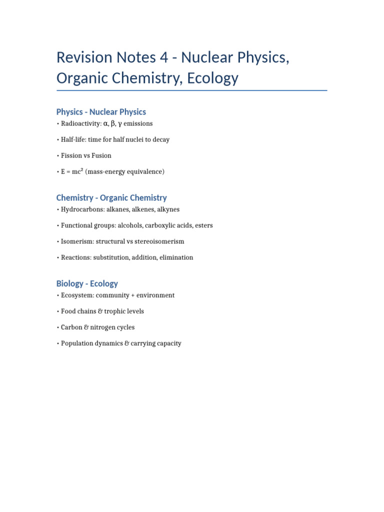 Revision Notes 4 - Nuclear Physics, Organic Chemistry, Ecology | PDF