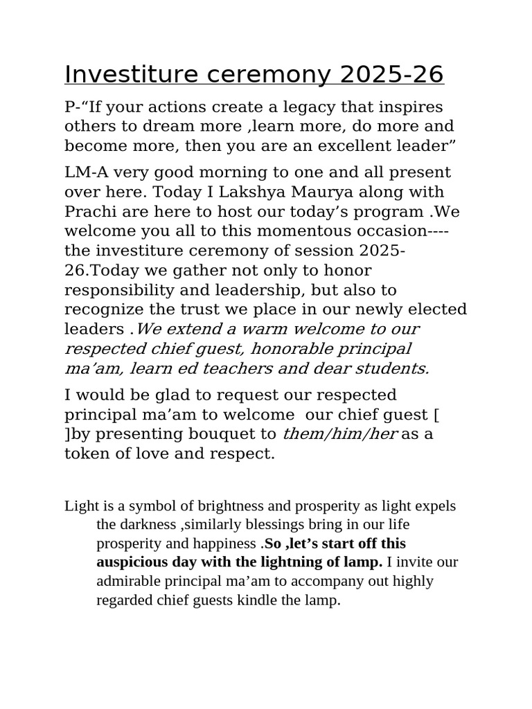 Investiture Ceremony 2025-26 Highlights | PDF