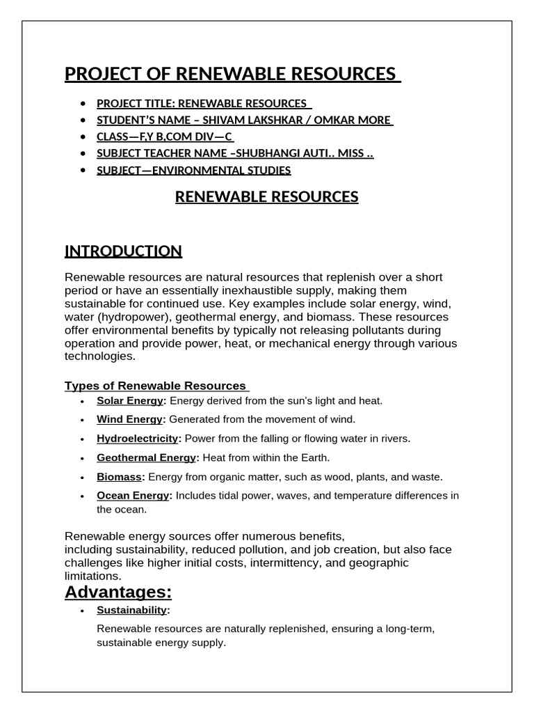 Project of Renewable Resources | PDF | Renewable Energy | Energy ...
