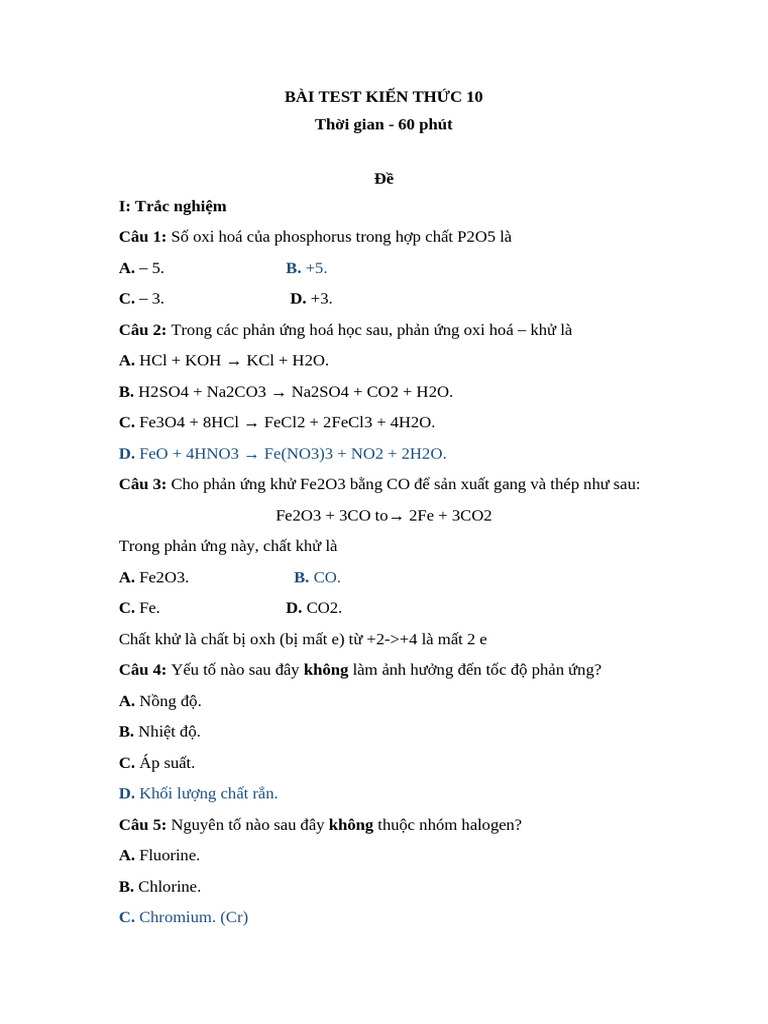 BÀI TEST KIẾN THỨC 10 | PDF
