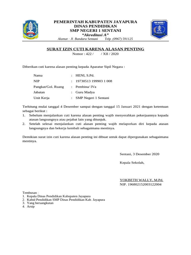 Surat Izin Cuti Penting ASN Guru | PDF