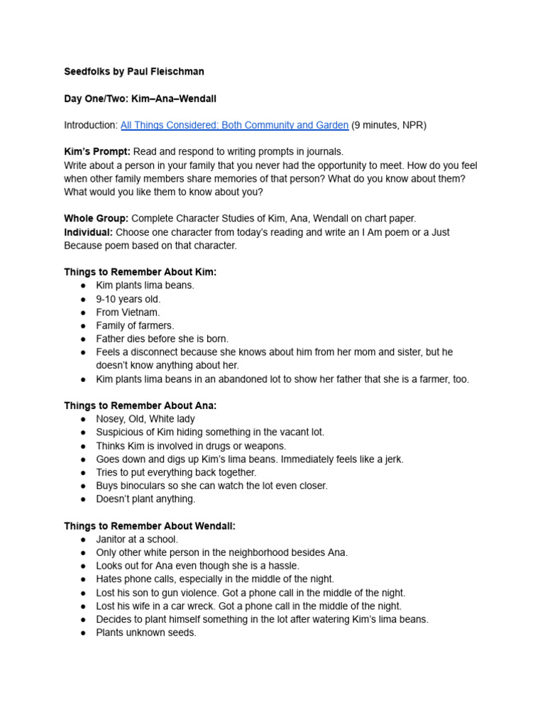 Seedfolks Character Insights and Themes | PDF