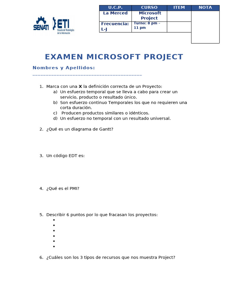 Examen de Microsoft Project: Definiciones y Recursos | PDF