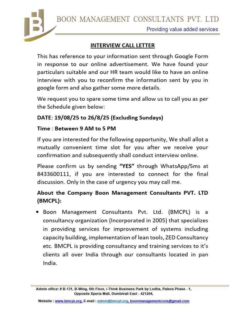 BMCPL Interview Call for ISO Consultants | PDF