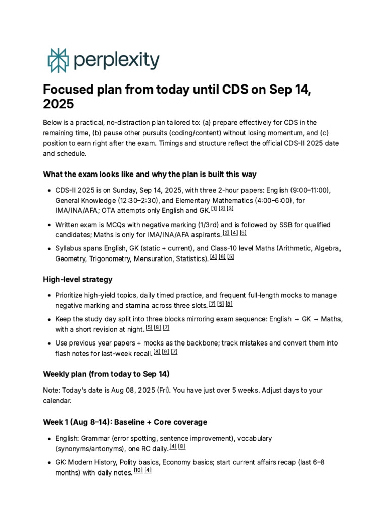 Focused Plan From Today Until CDS On Sep 14, 2025 | PDF | Mathematics