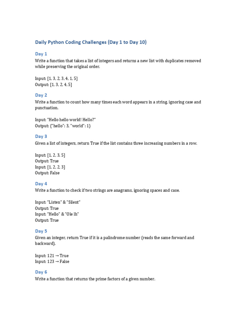 Daily Python Coding Challenges (Day 1 To Day 10) : Input: 121 True Input: 123 False | PDF