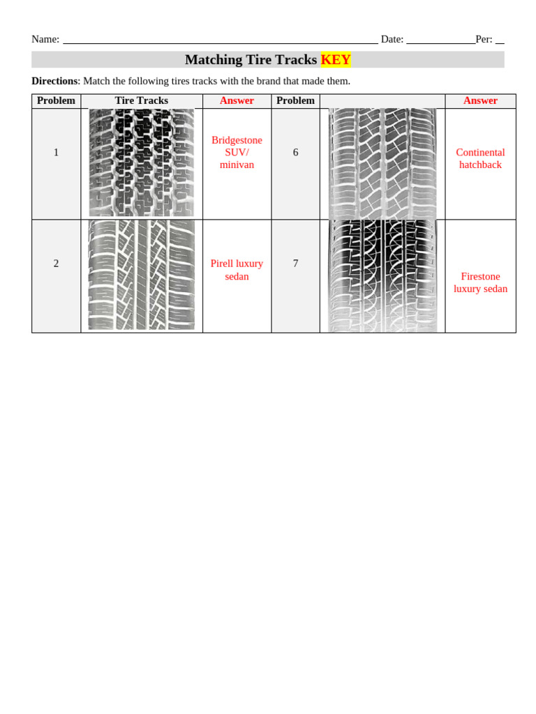 Tire Track Matching Worksheet Answers | PDF